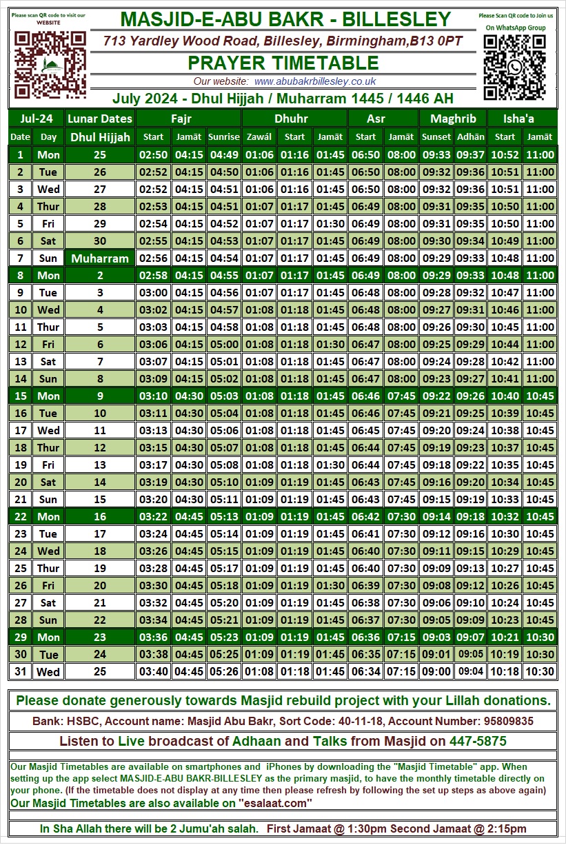 Prayer Times – Masjid-e-Abu Bakr