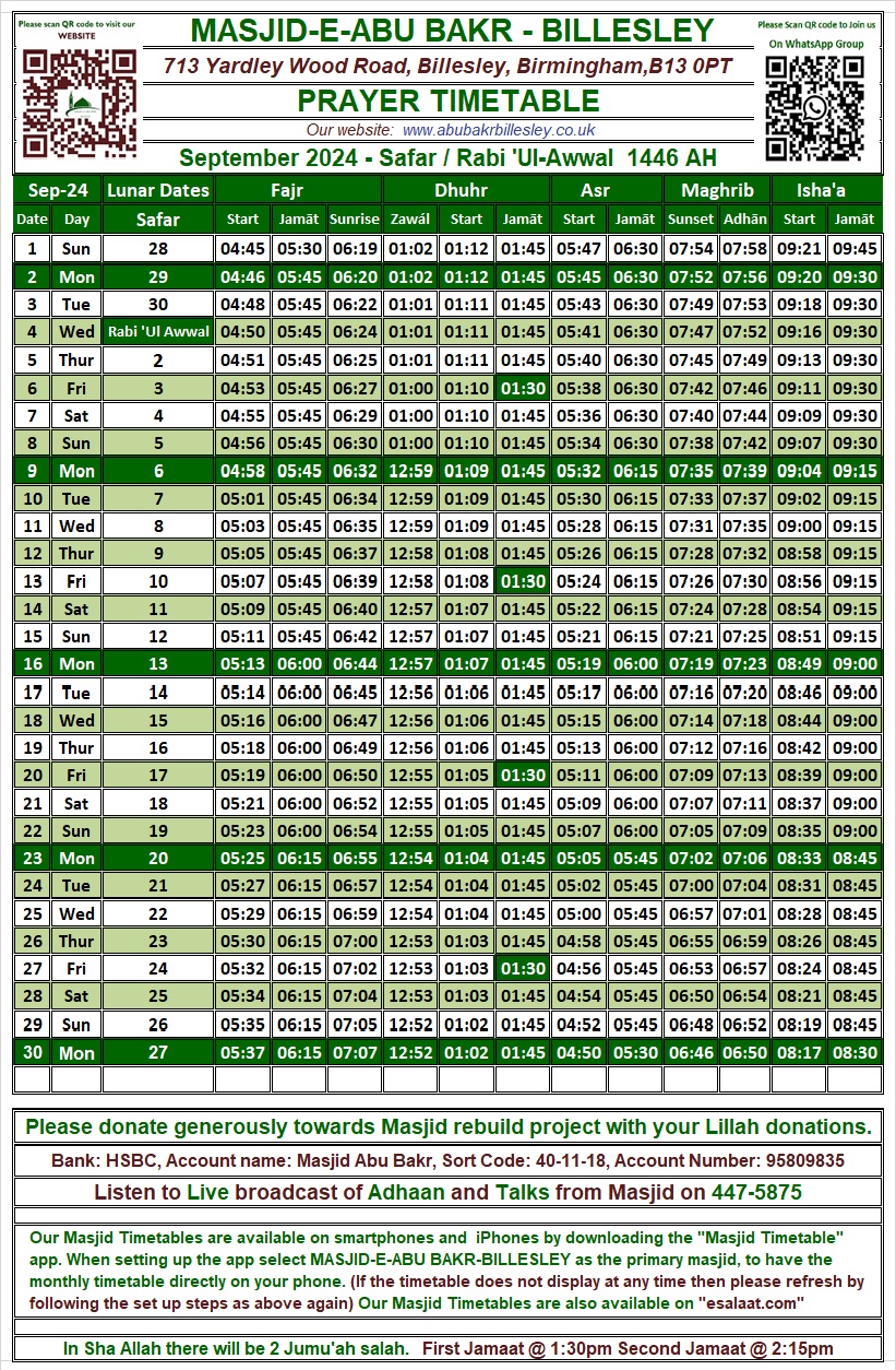 Prayer Times – Masjid-e-Abu Bakr